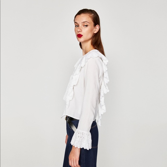 Zara | Tops | Nwt Zara White Eyelet Top With Ruffled Front | Poshmark